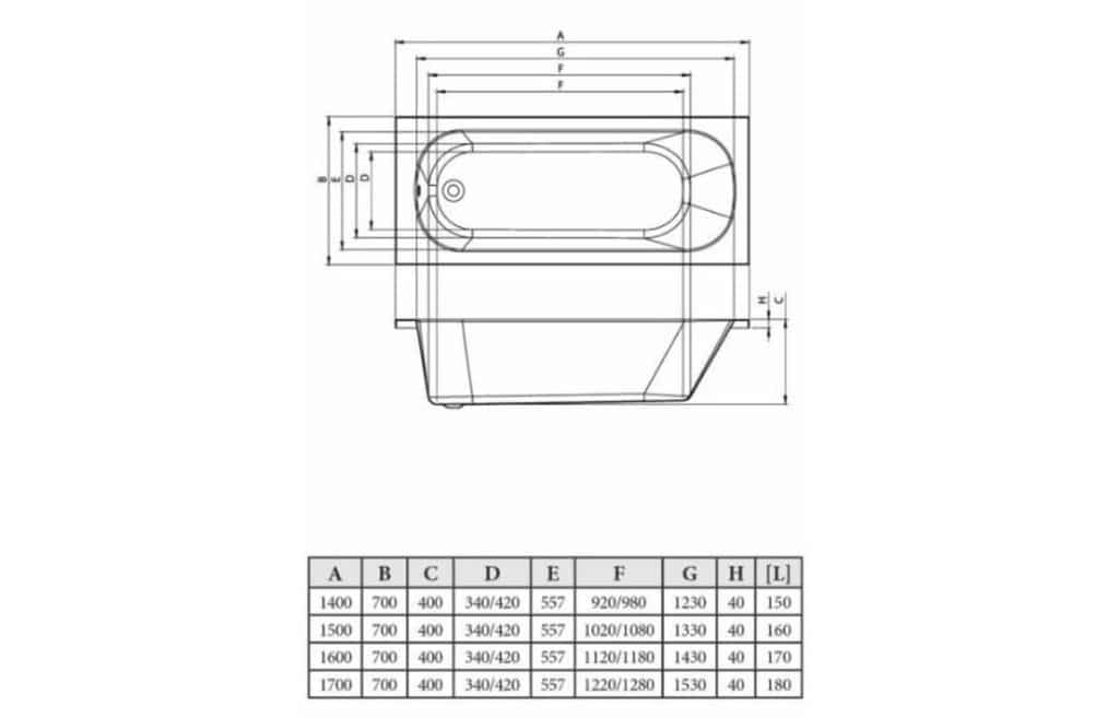 Essentials 1700mm x 700mm Single End Bath & Legs - MPH