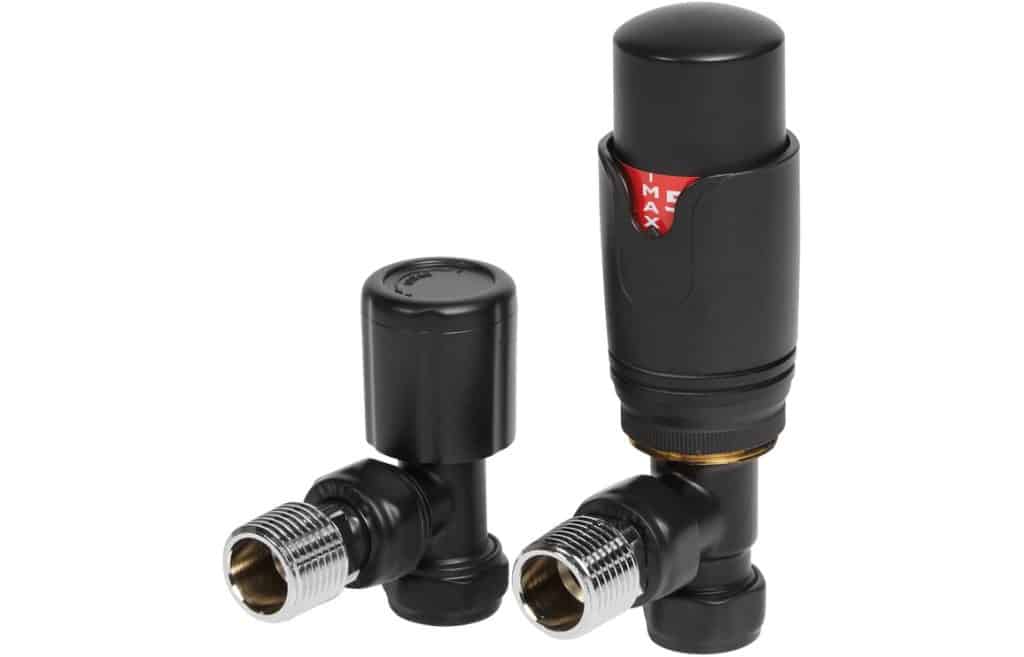Round Thermostatic Matt Black Radiator Valves - Angled - MPH