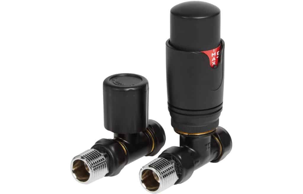 Round Thermostatic Matt Black Radiator Valves - Straight - MPH