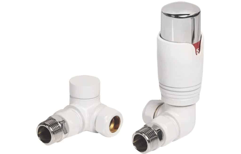 Round Thermostatic White Radiator Valves - Corner - MPH