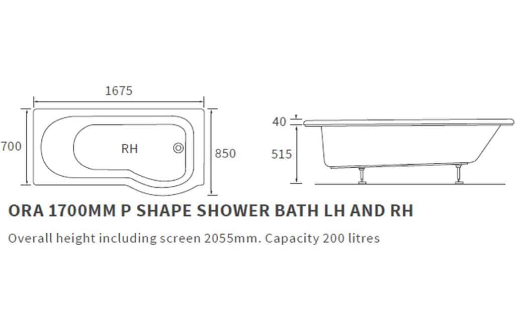Ora P Shape 1700x850 RH Shower Bath Pack - MPH
